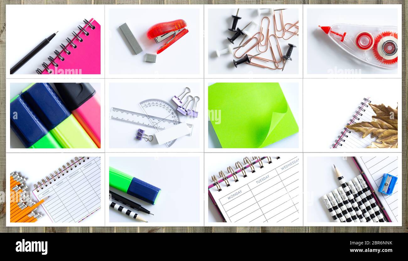 Collage of diferent photos of school supplies, stationery on white ...