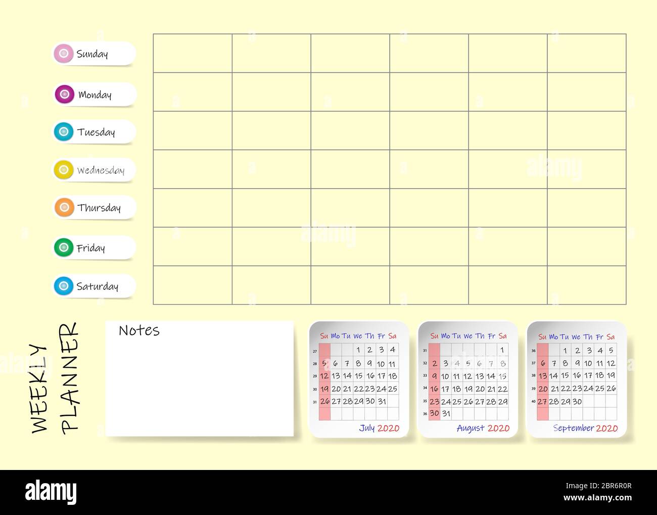 Calendar for third quarter of 2020 year with weekly planner chart and ...