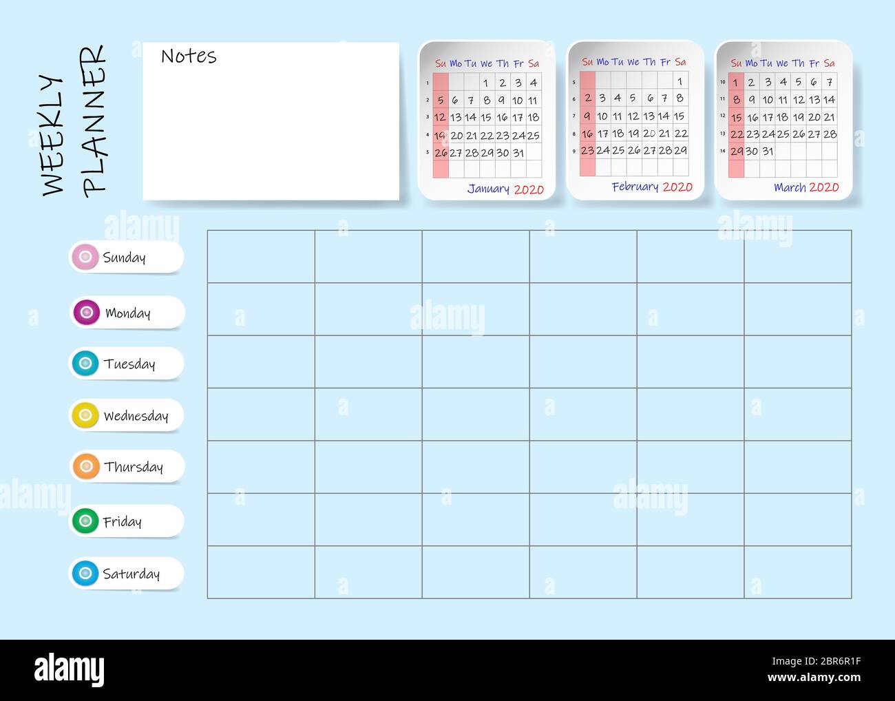 Calendar for first quarter of 2020 year with weekly planner chart and ...