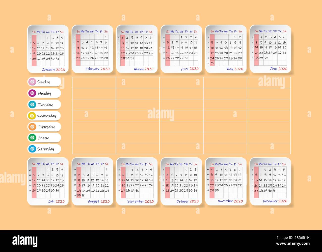 Calendar for 2020 with weekly planner in the center of the vector. Week ...
