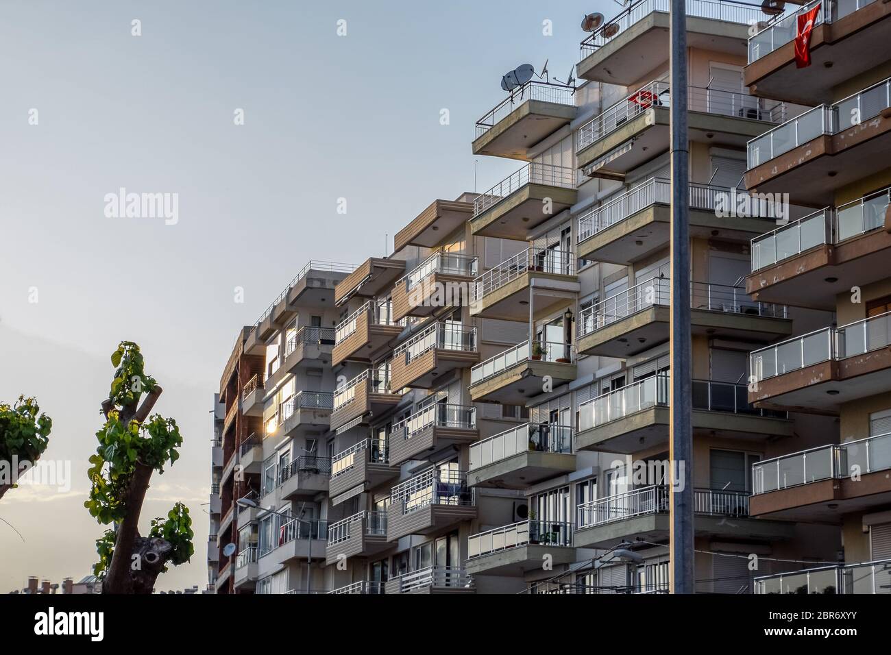 Balconies of a residential high-rise building. Residential buildings in ...