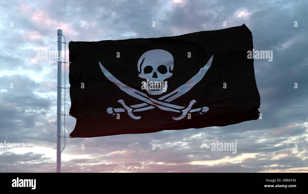 Pirate Flag Waving. Skull and Swords. Blue Sky, 3D Illustration Stock ...