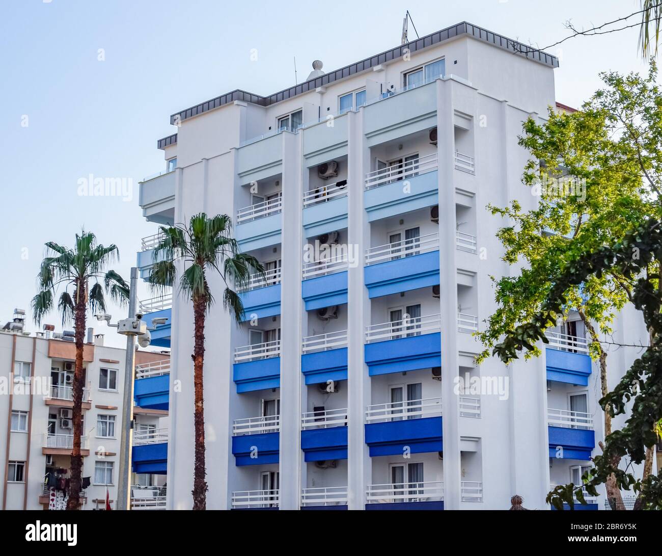 Blue balconies. Balconies of a residential high-rise building ...