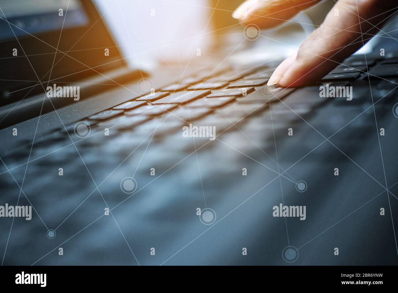 Networking and connecting concept, Keyboard with hand human on notebook ...