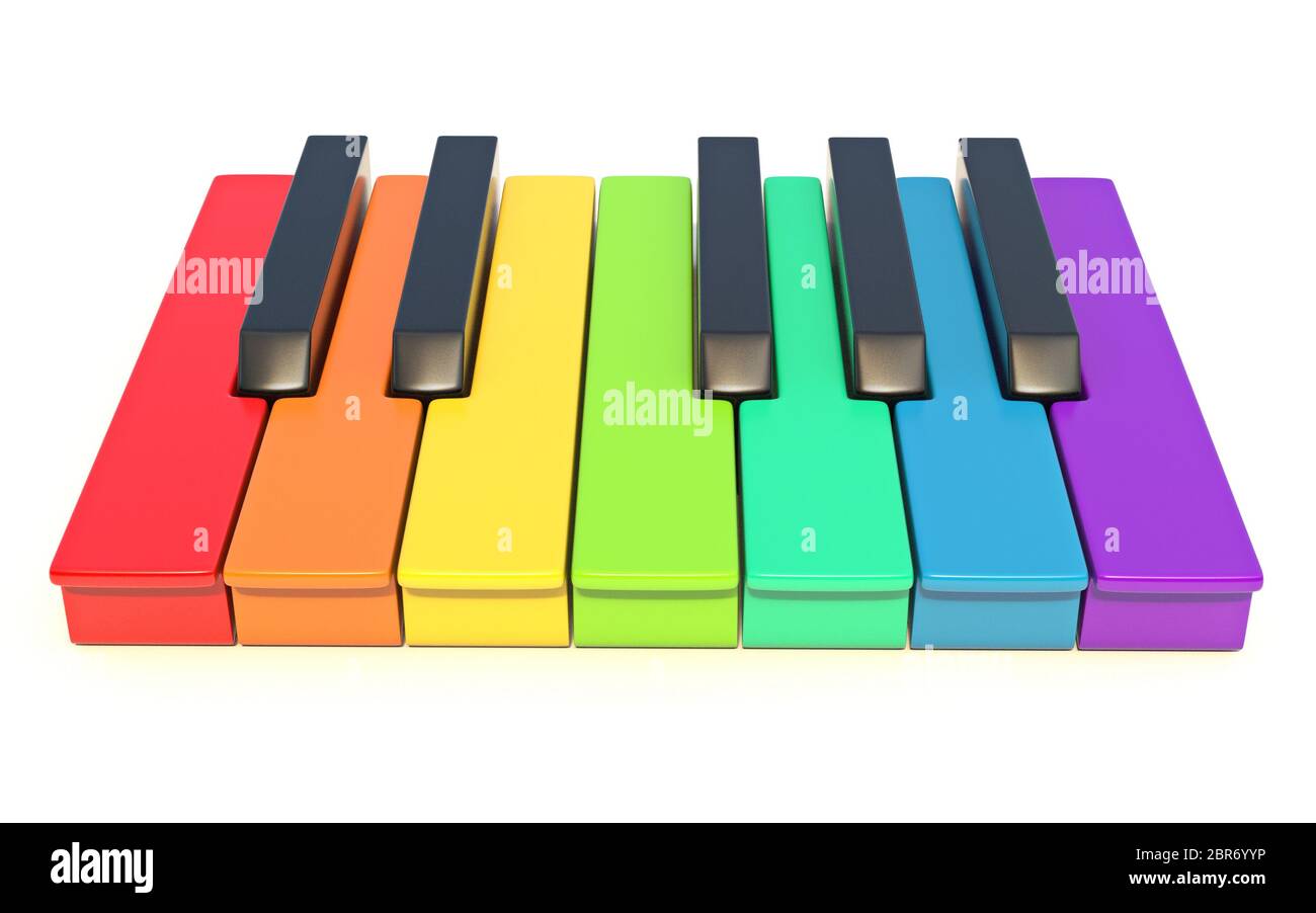 Multi colored piano keys One octave front view 3D render illustration ...