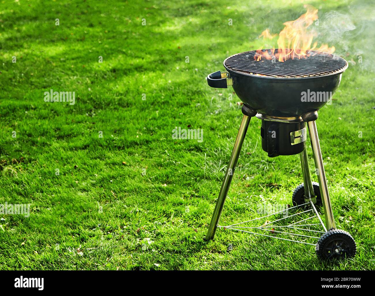 Burning fire with flames in a portable BBQ outdoors on a green spring ...