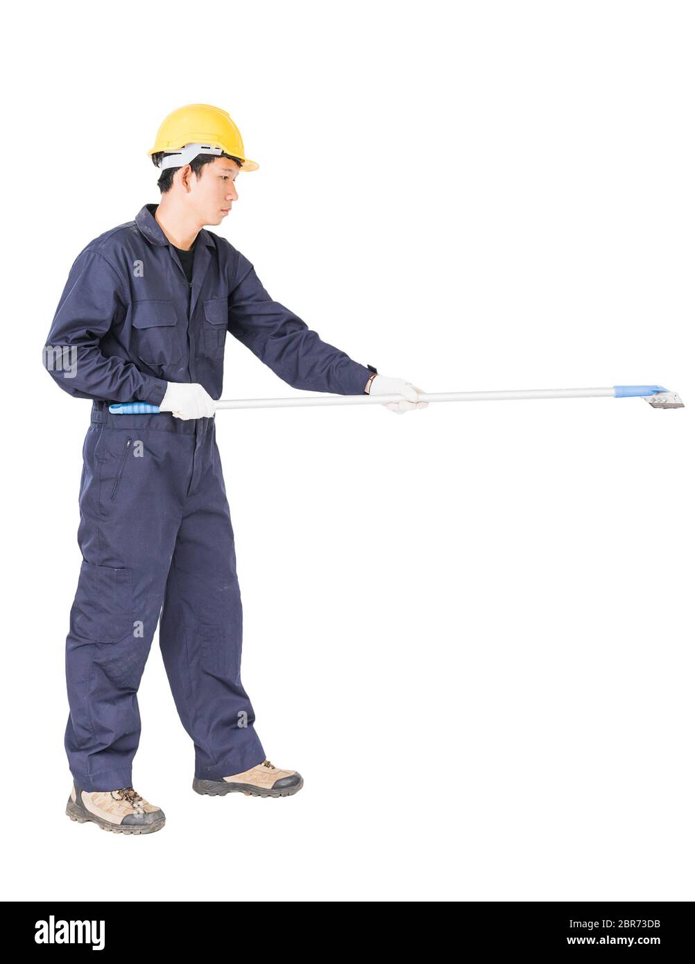 Young man in uniform hold mop for cleaning glass window, Cut out ...
