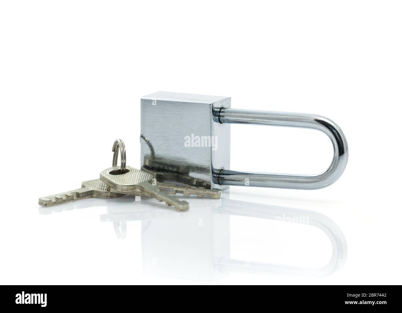 Metallic padlock with three keys isolated on white background Stock ...