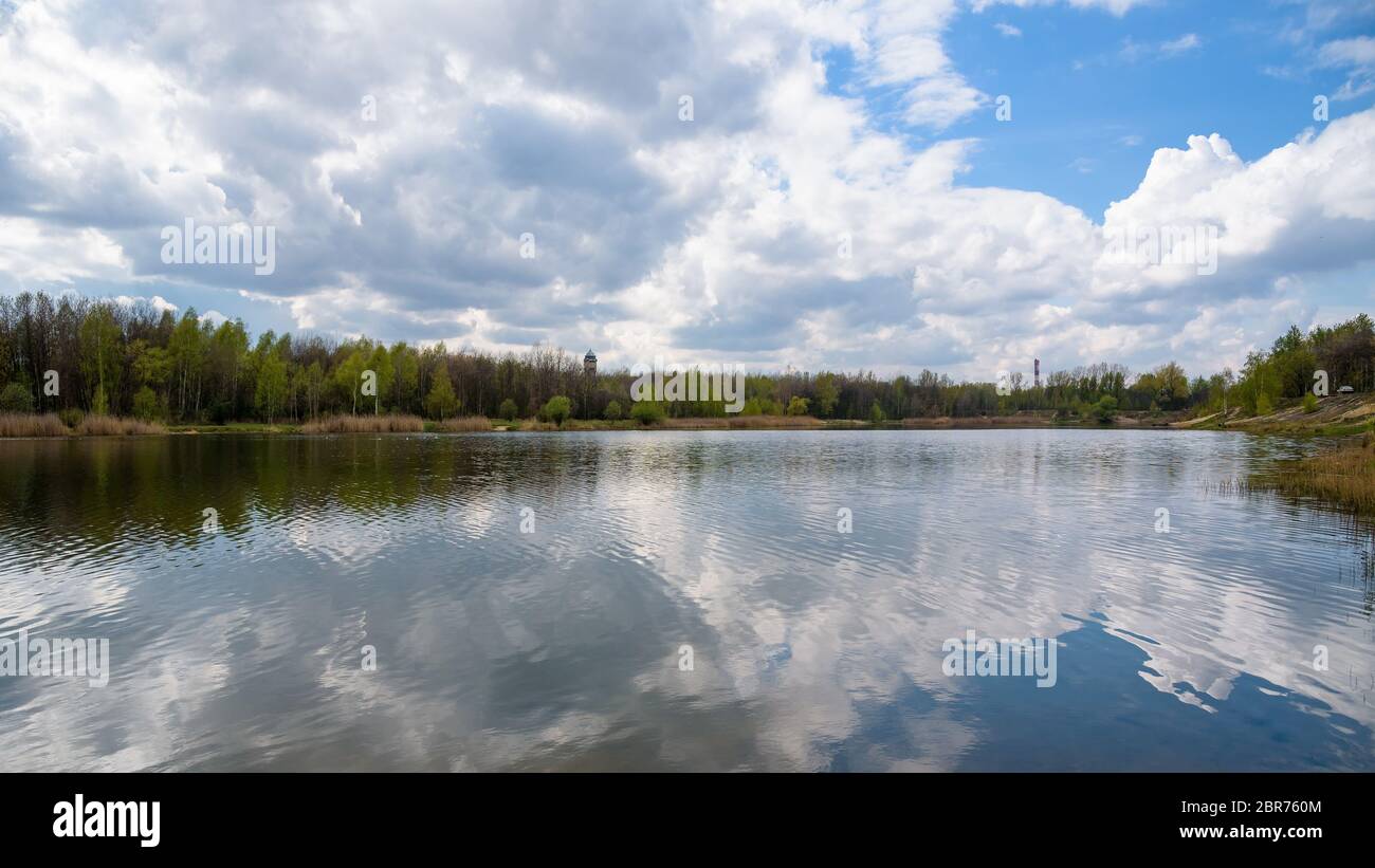 Panoramic spring view of the Borki lake on the border between Sosnowiec ...