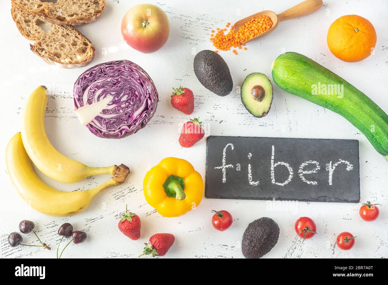 Foods rich in fiber on the white background: top view Stock Photo - Alamy