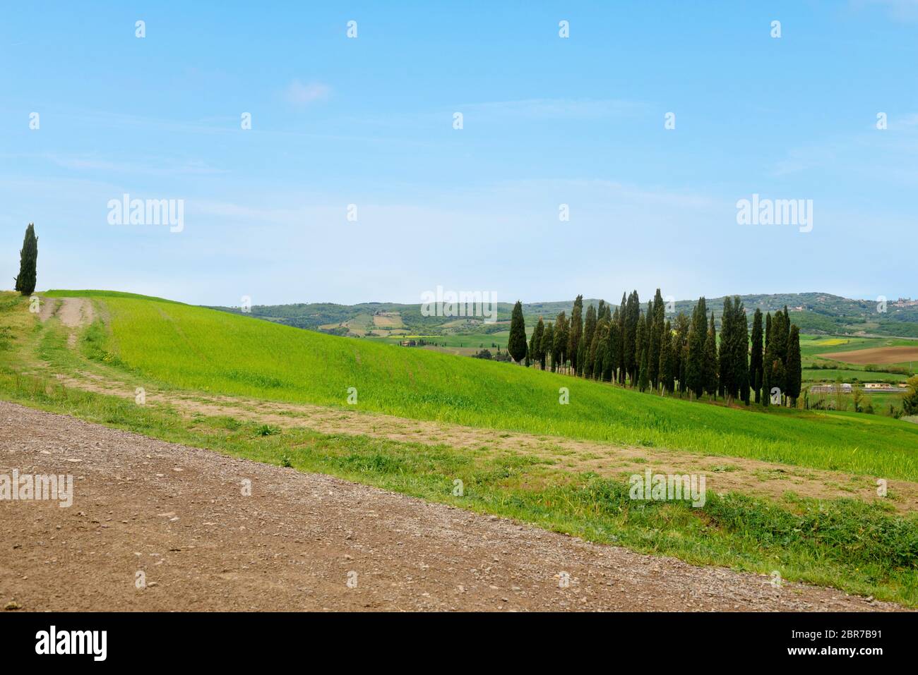 Beautiful spring minimalistic landscape with green hills in Tuscany ...