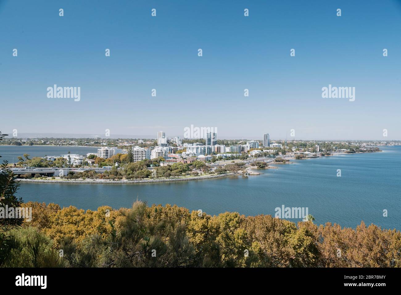 View of the city of Perth, with the Swan River and a sunny sky Stock ...