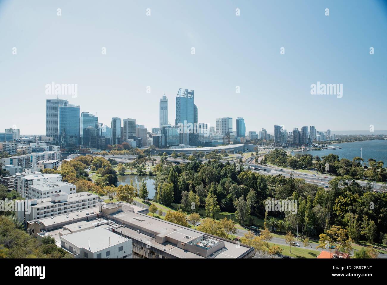 Wide angle view of Perth, showing the cities sky line, park areas and ...