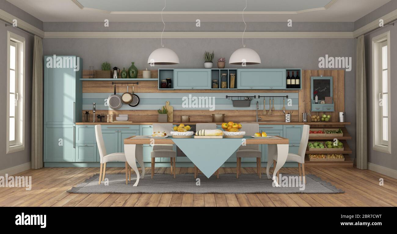 Clear blue classic kitchen with elegant table set and chairs - 3d ...