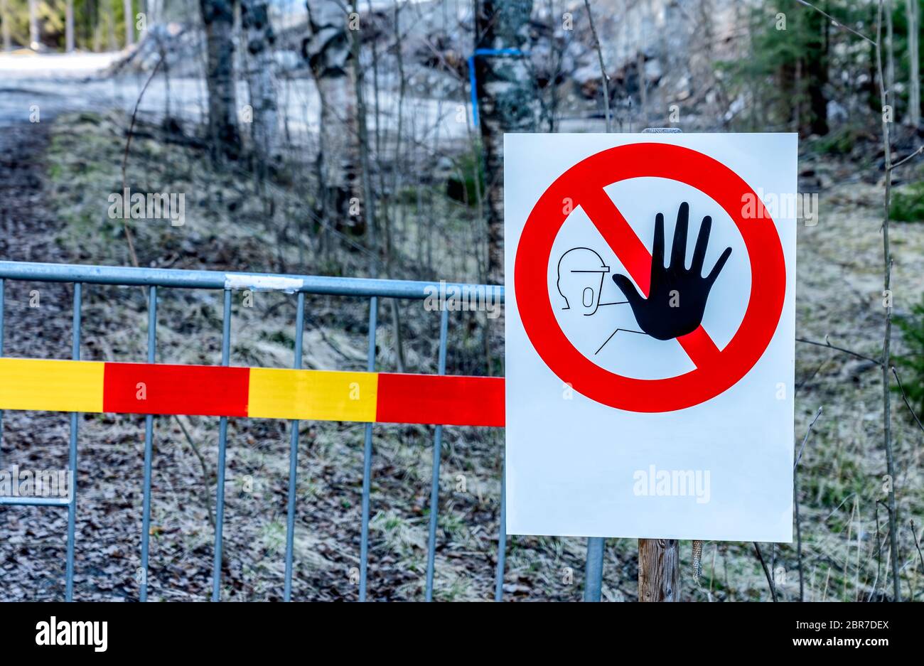 Close up photo of warning sign - no entry to restricted area. The sign ...