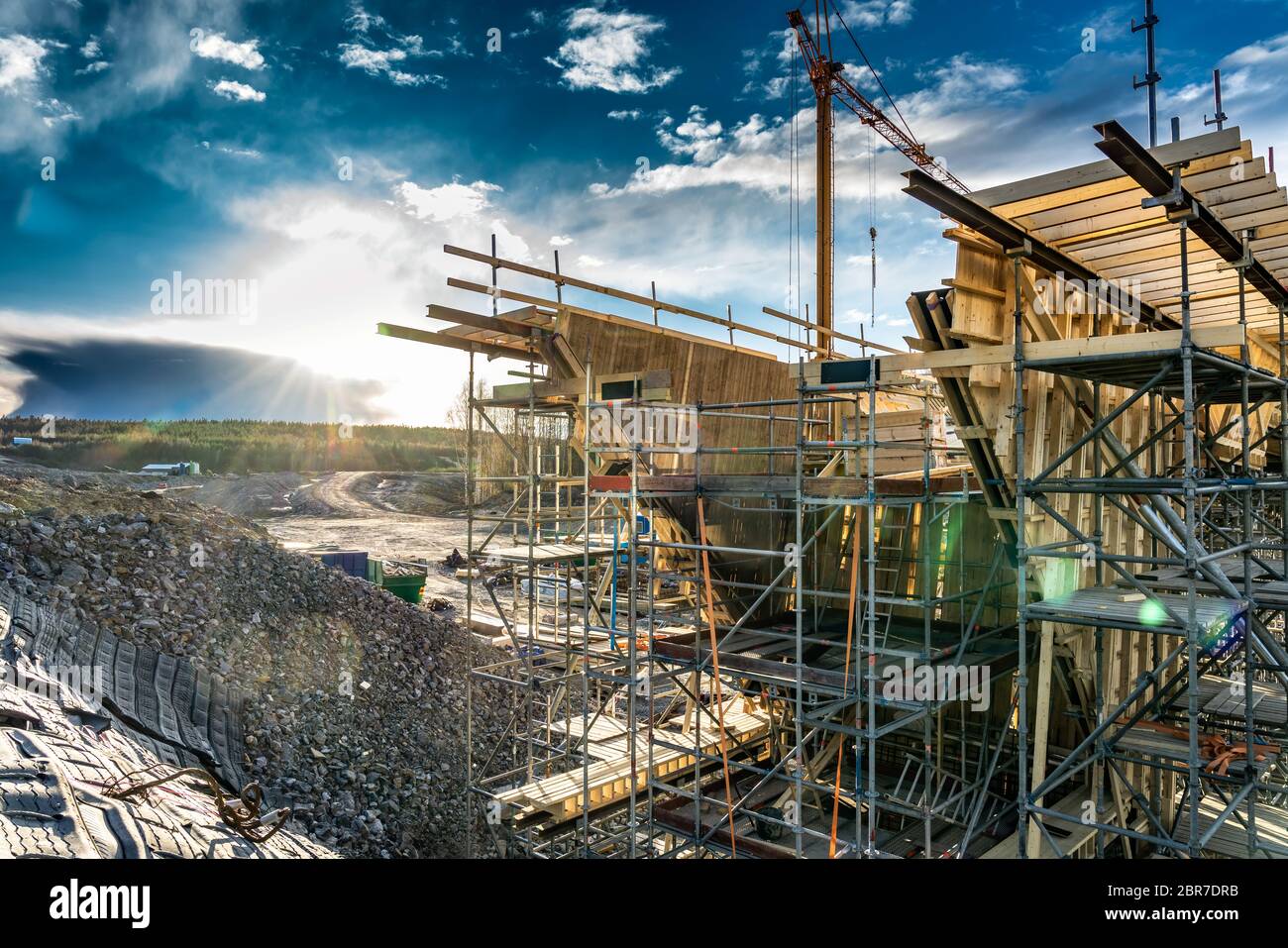Close up photo of new bridge building site with timbering construction ...