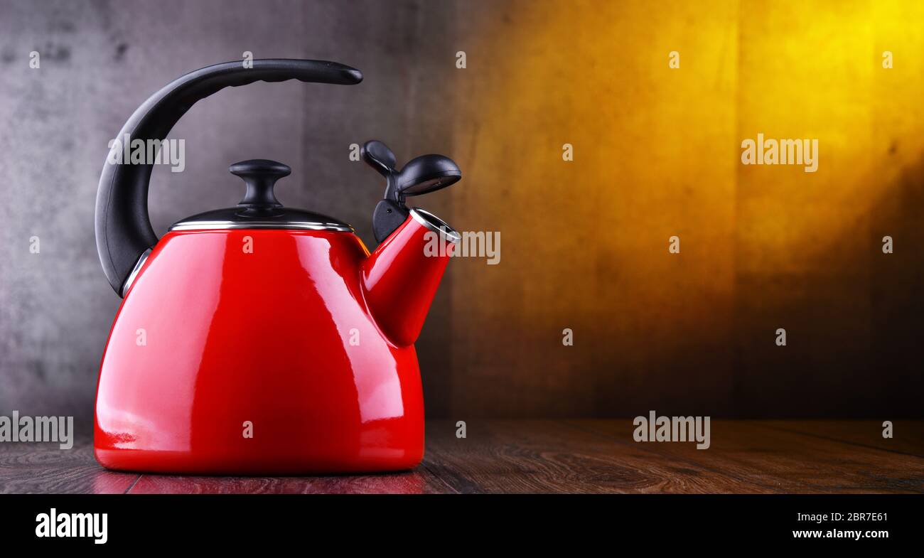 Traditional stainless steel stovetop kettle with whistle of two litres ...