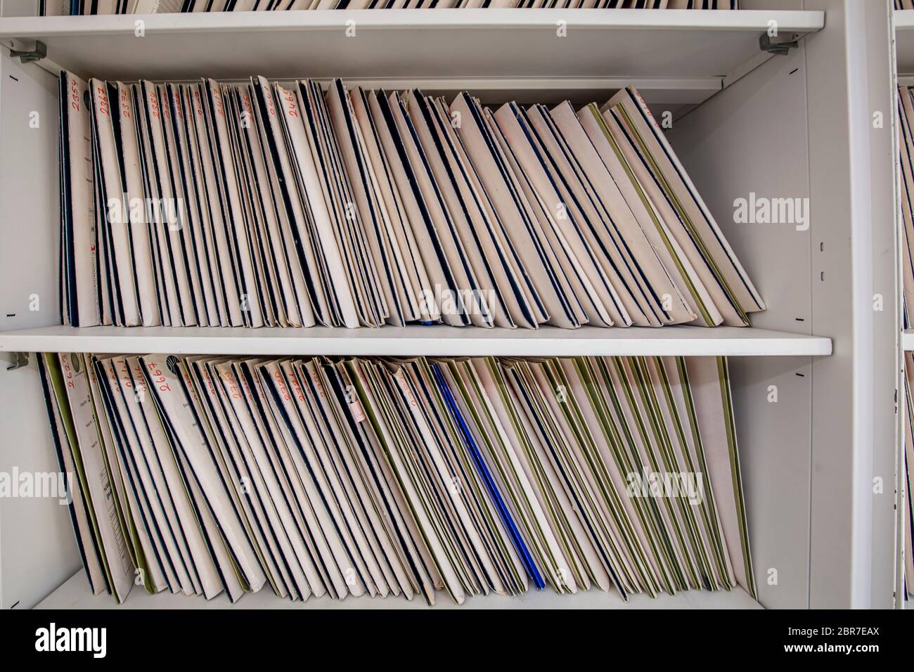 A shelf full of manila folders containing files and information in an ...