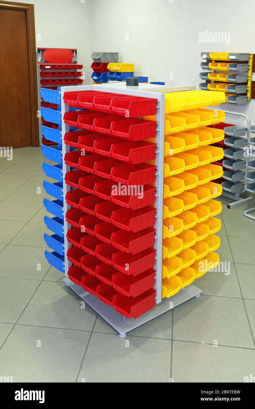 Storage Organizer Cart Tower With Plastic Bins Sorting Stock Photo - Alamy