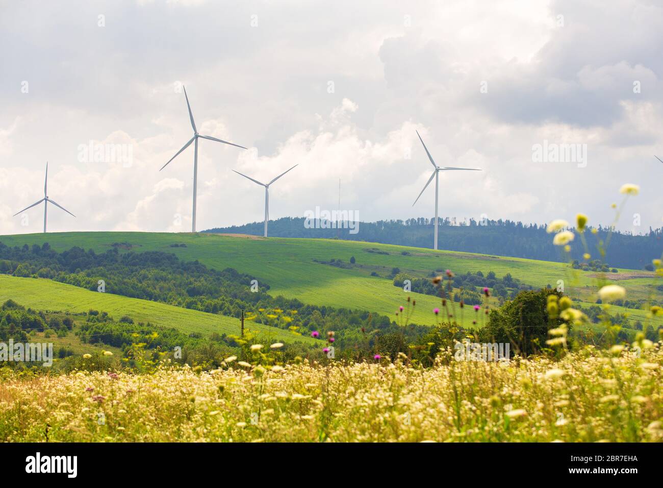 Wind turbines on beautiful sunny summer autumn mountain landsape. Green ...