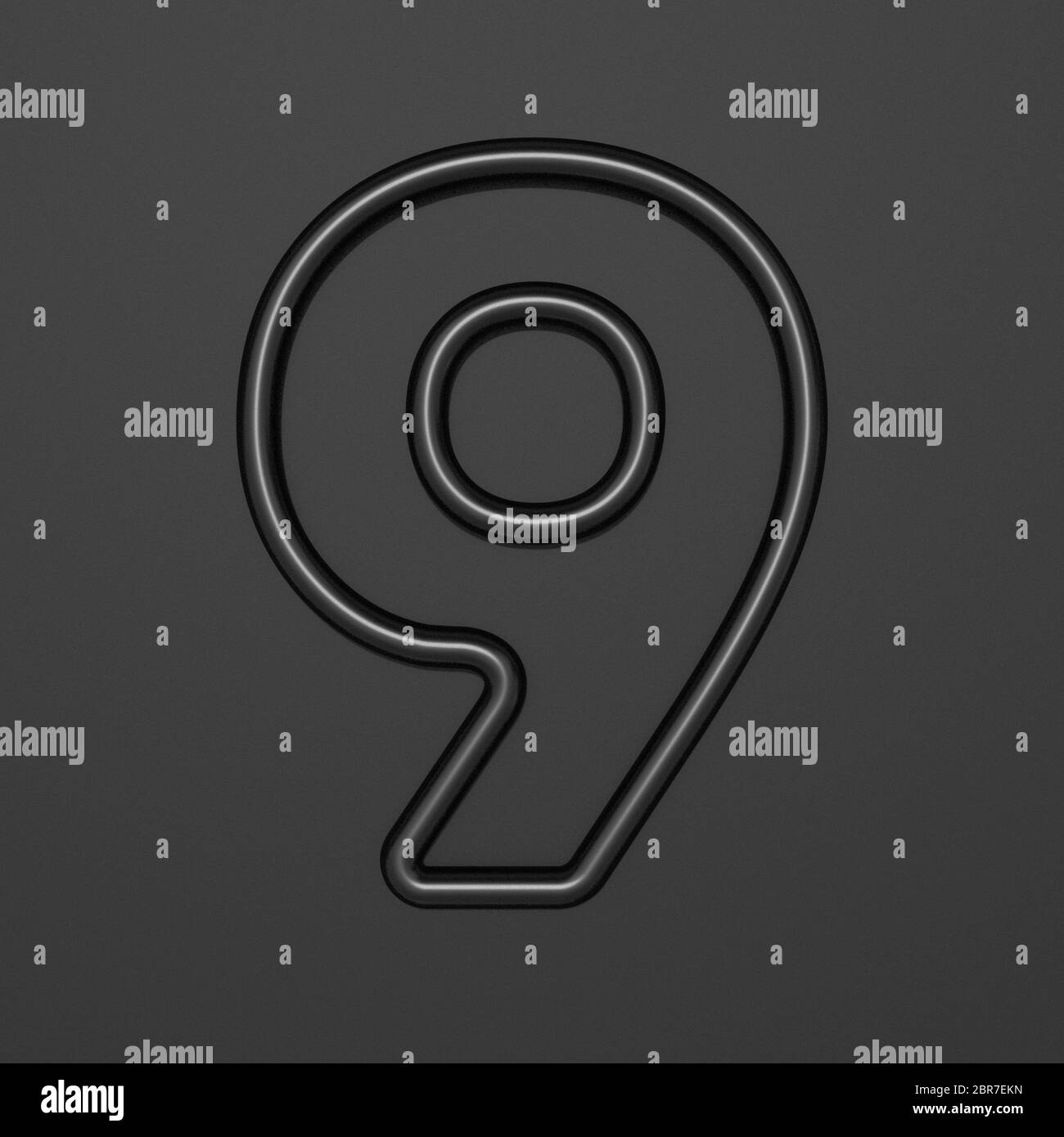Black outline font Number 9 NINE 3D illustration on black background ...