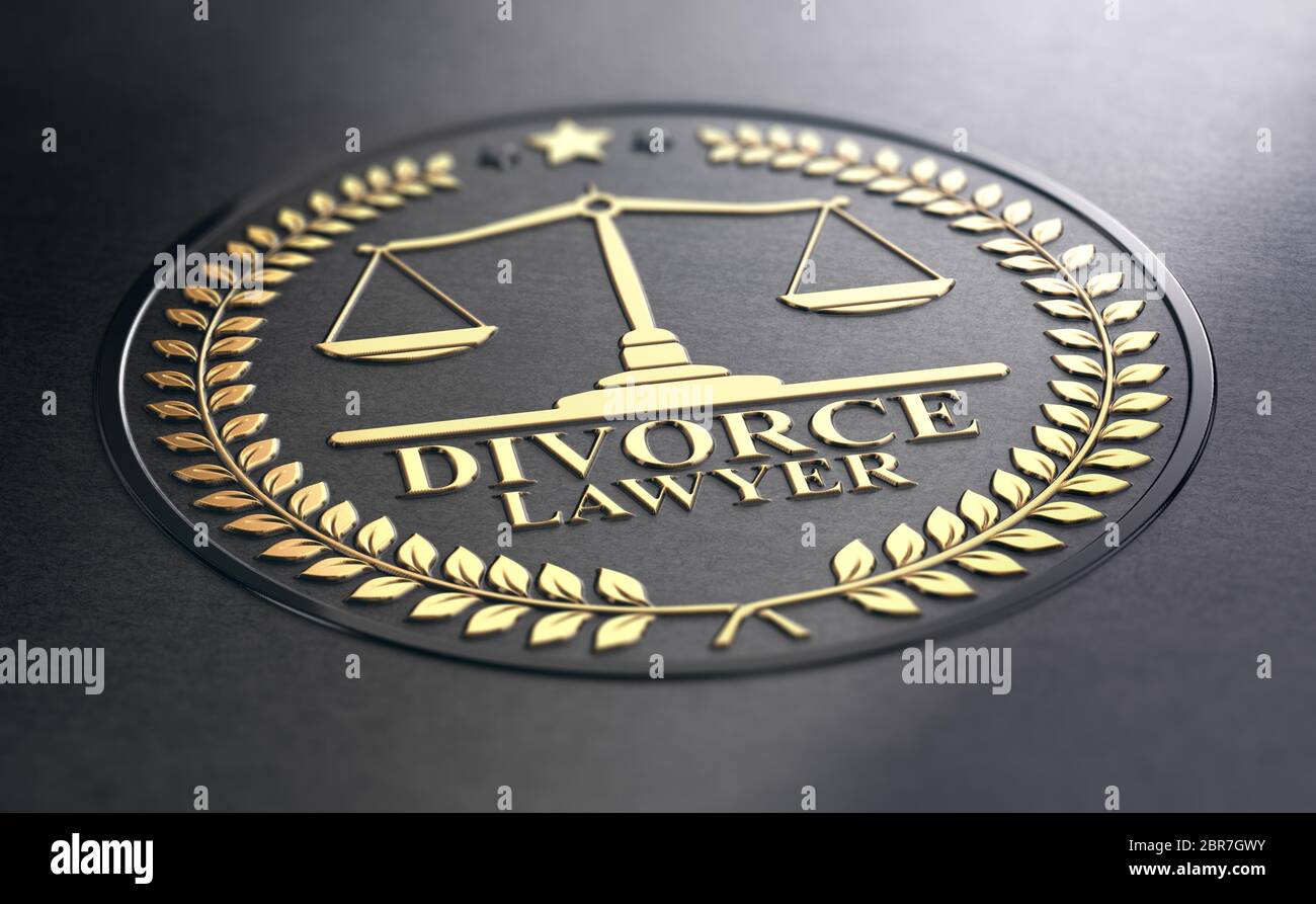 3D illustration of golden divorce lawyer sign over black paper ...