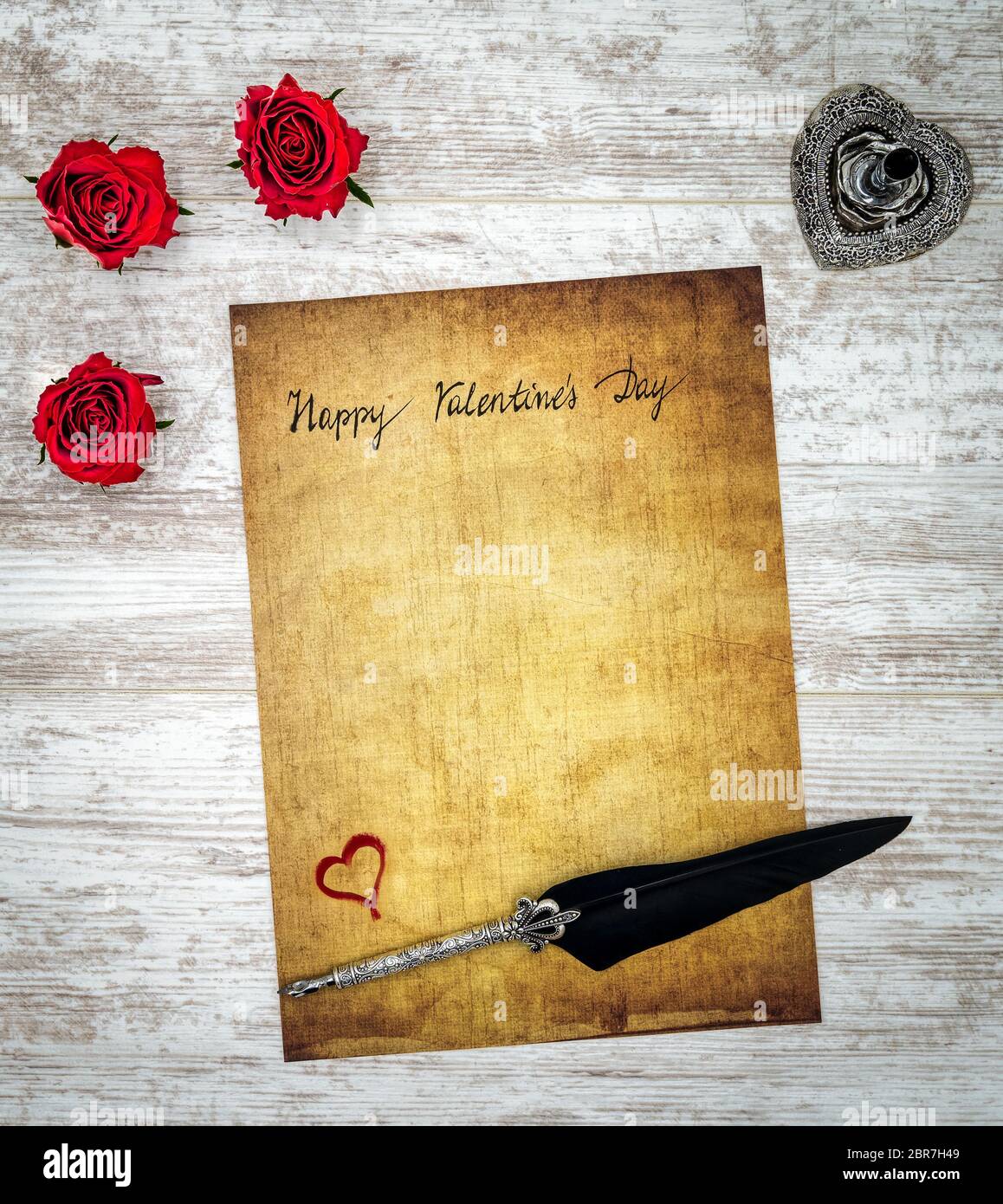 Antique preachment with hand written Happy Valentines Day, 3 red roses ...