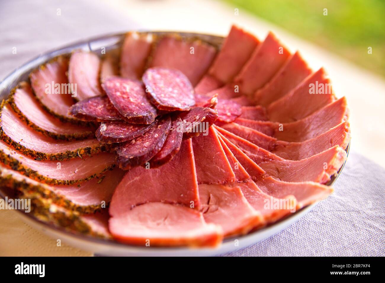 Cold smoked meat plate with sliced prosciutto, salami, bacon, pork ...