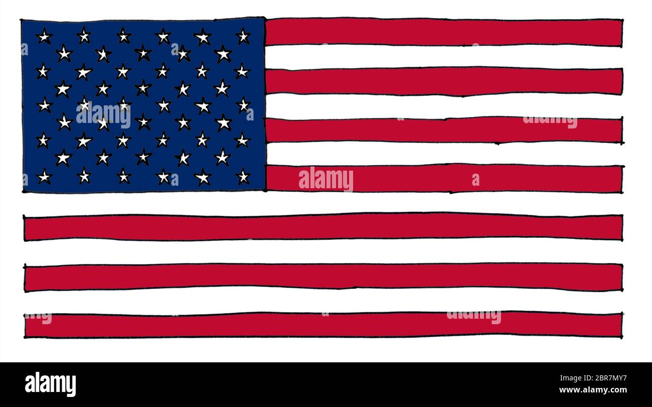 hand drawn American national flag of United States of America, line art ...