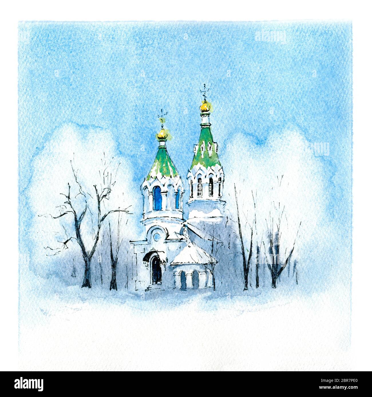 Painting village church snow Cut Out Stock Images & Pictures - Alamy