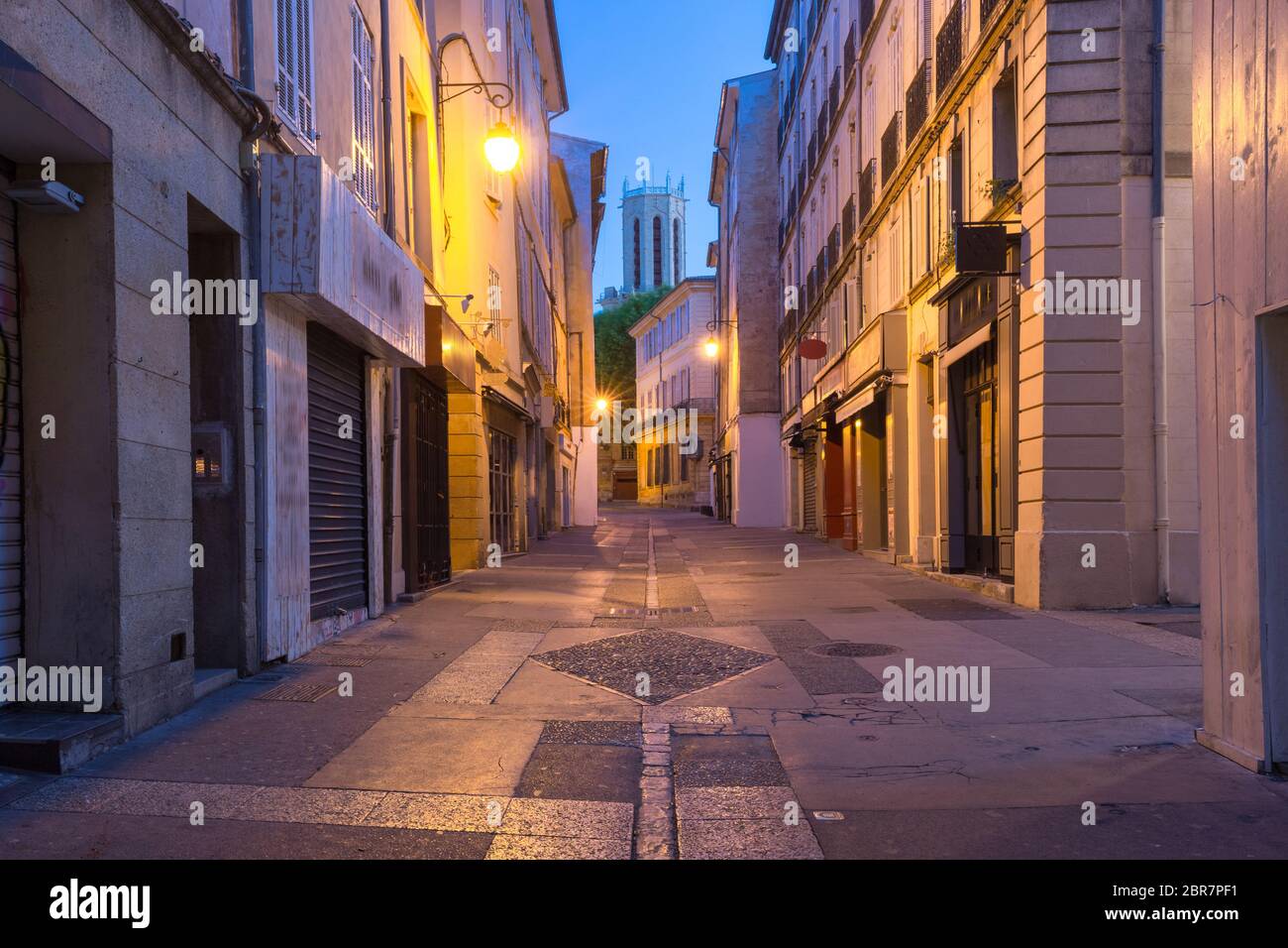 Empty street and Aix Cathedral or Cathedral of the Holy Saviour of Aix ...