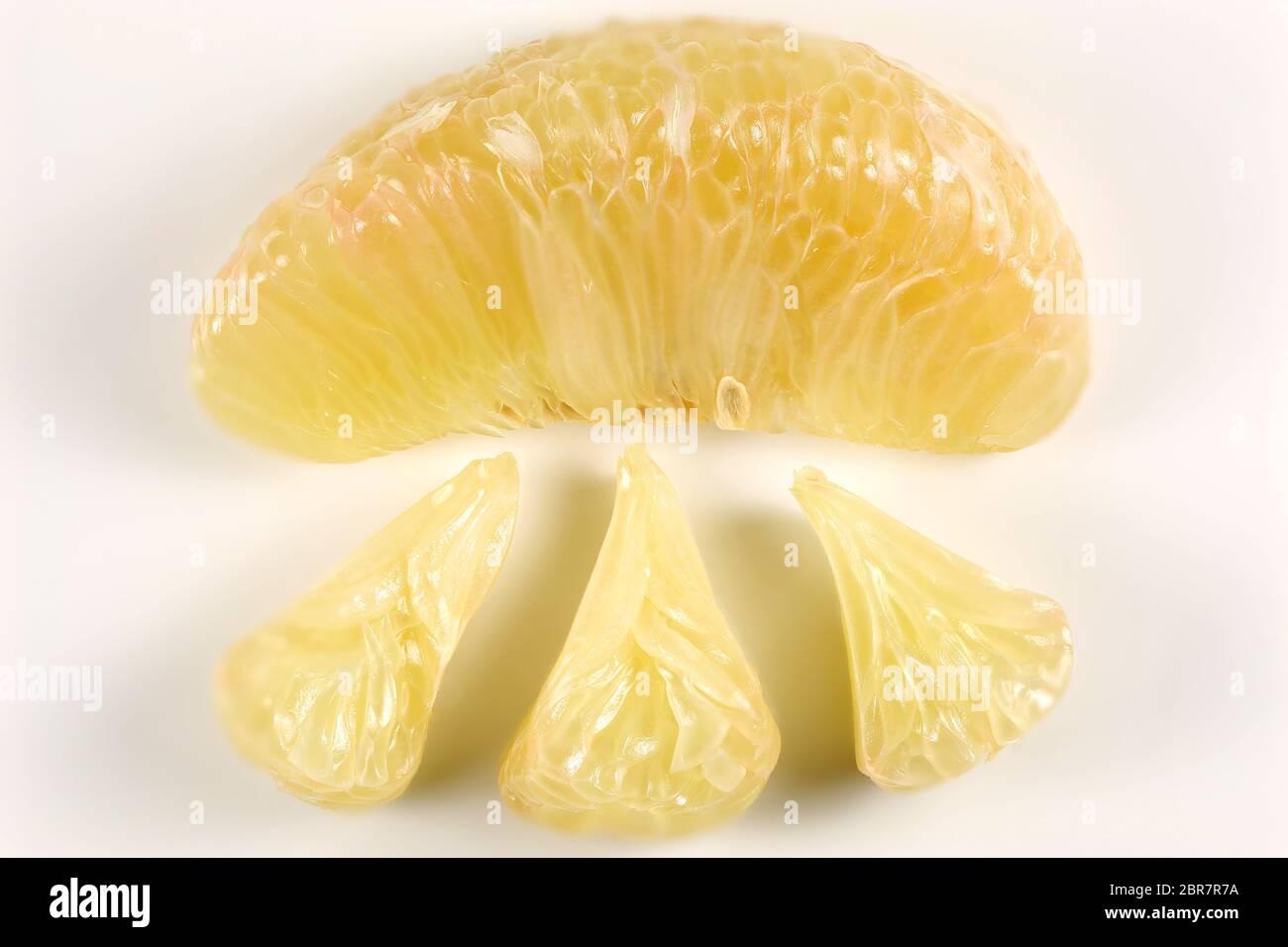 Peeled Pomelo segment showing the complex arrangement of juice vesicles ...