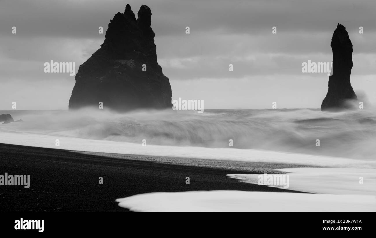 Rock spire of Reynisdrangur, coast of Reynisfjara close to Vik, Iceland ...