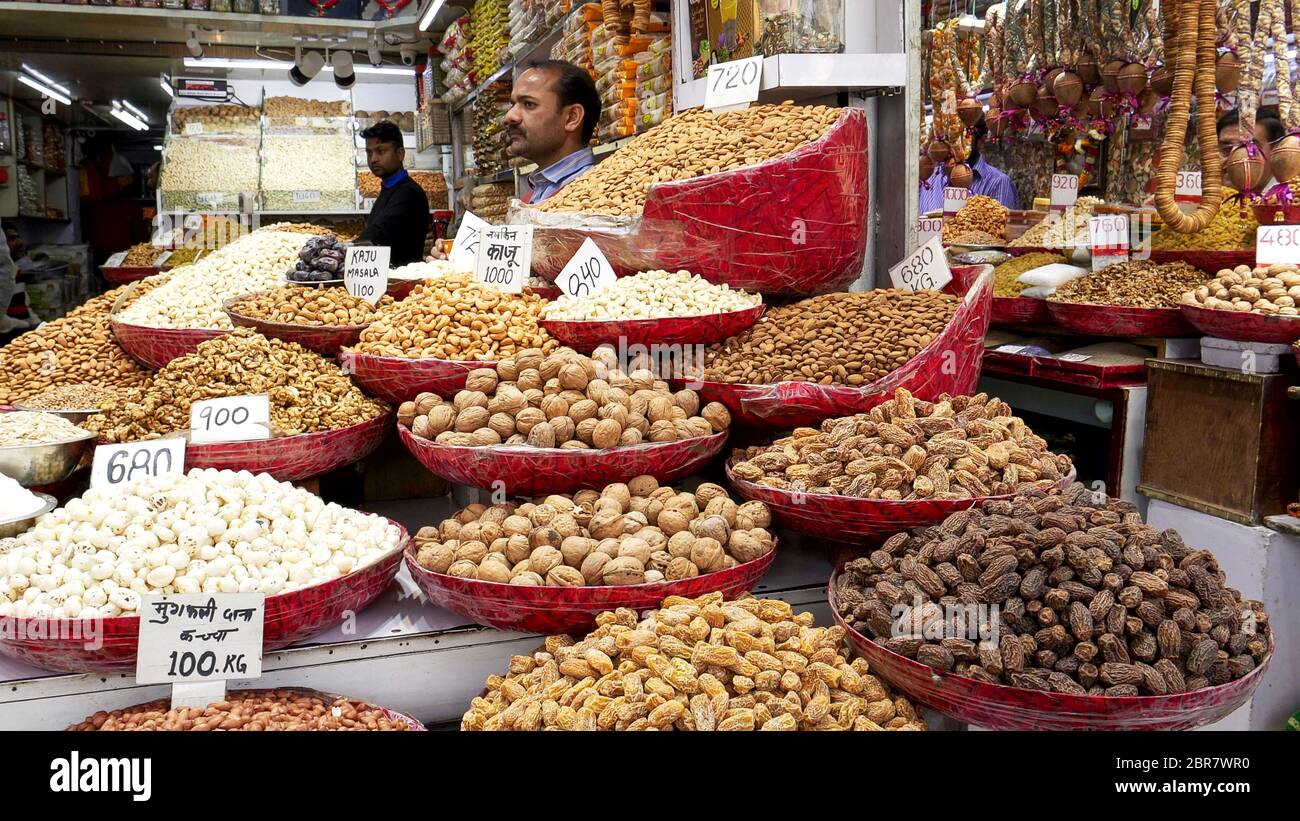 DELHI, INDIA - MARCH 14, 2019: close view of a display of nuts and ...