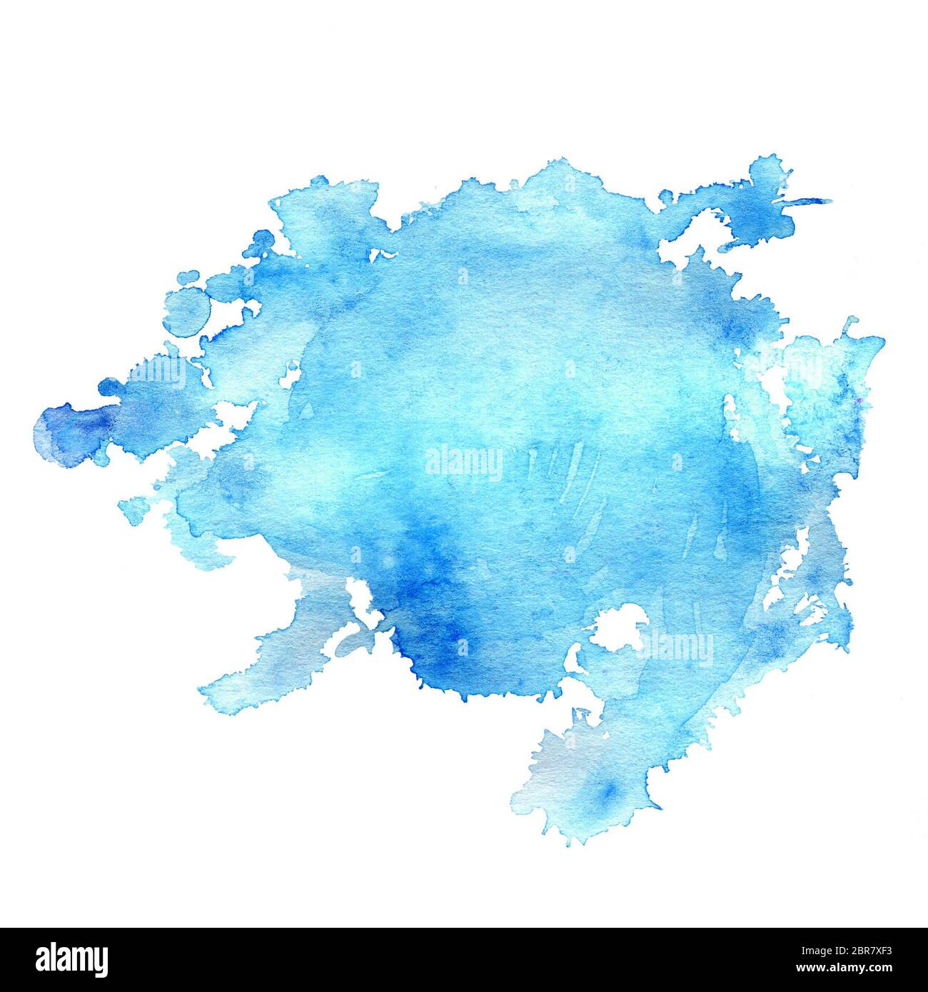 Watercolor blot of blue with splashes and stains. Isolated blue blot on ...