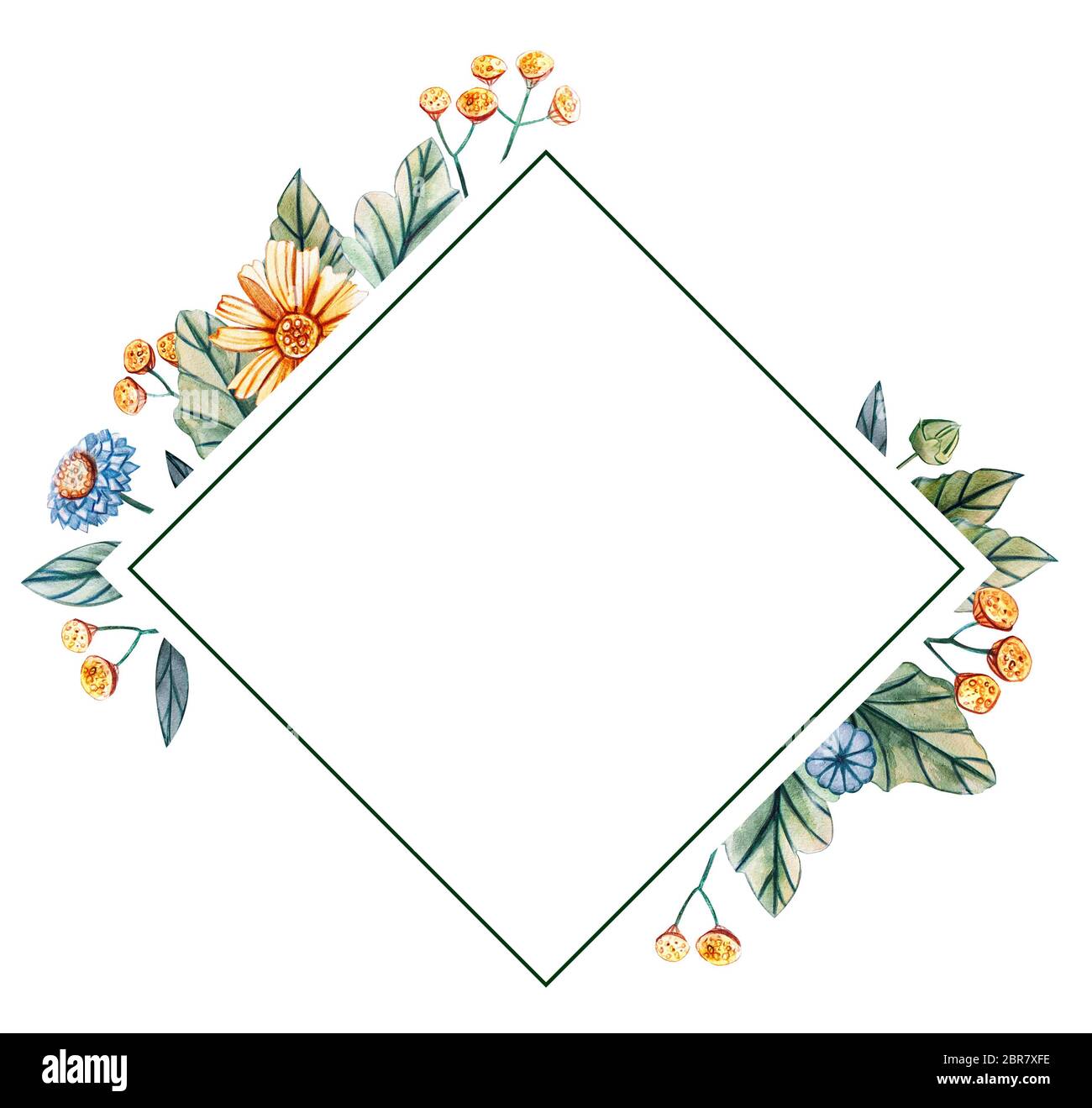 Floral square frame of watercolor wildflowers. There is a place for ...