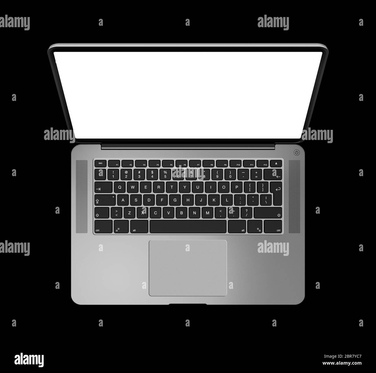 Open laptop top view with blank screen, isolated on black. Dark silver ...