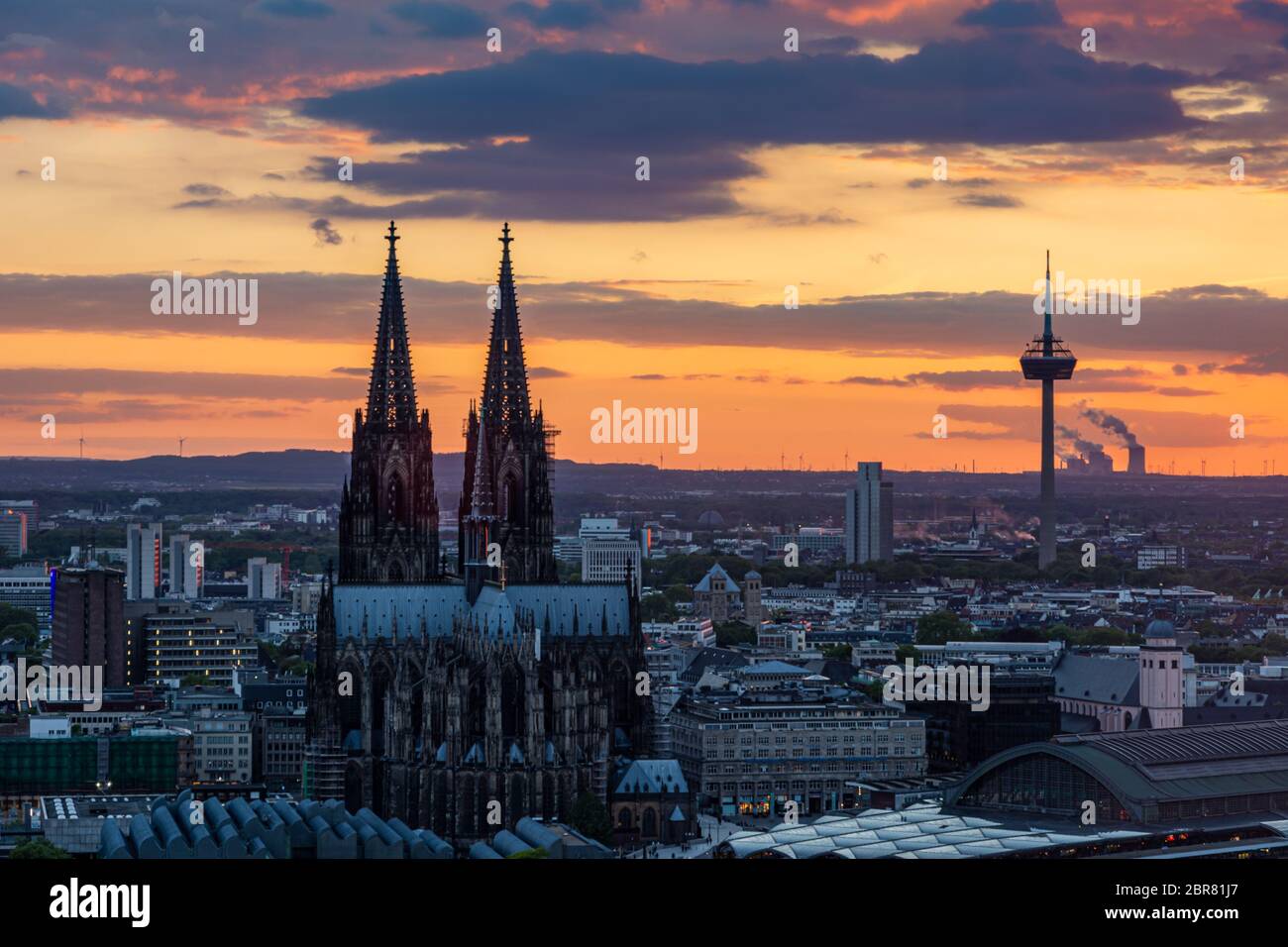 Aerial view during sunset over the city of Cologne with view to Cologne ...