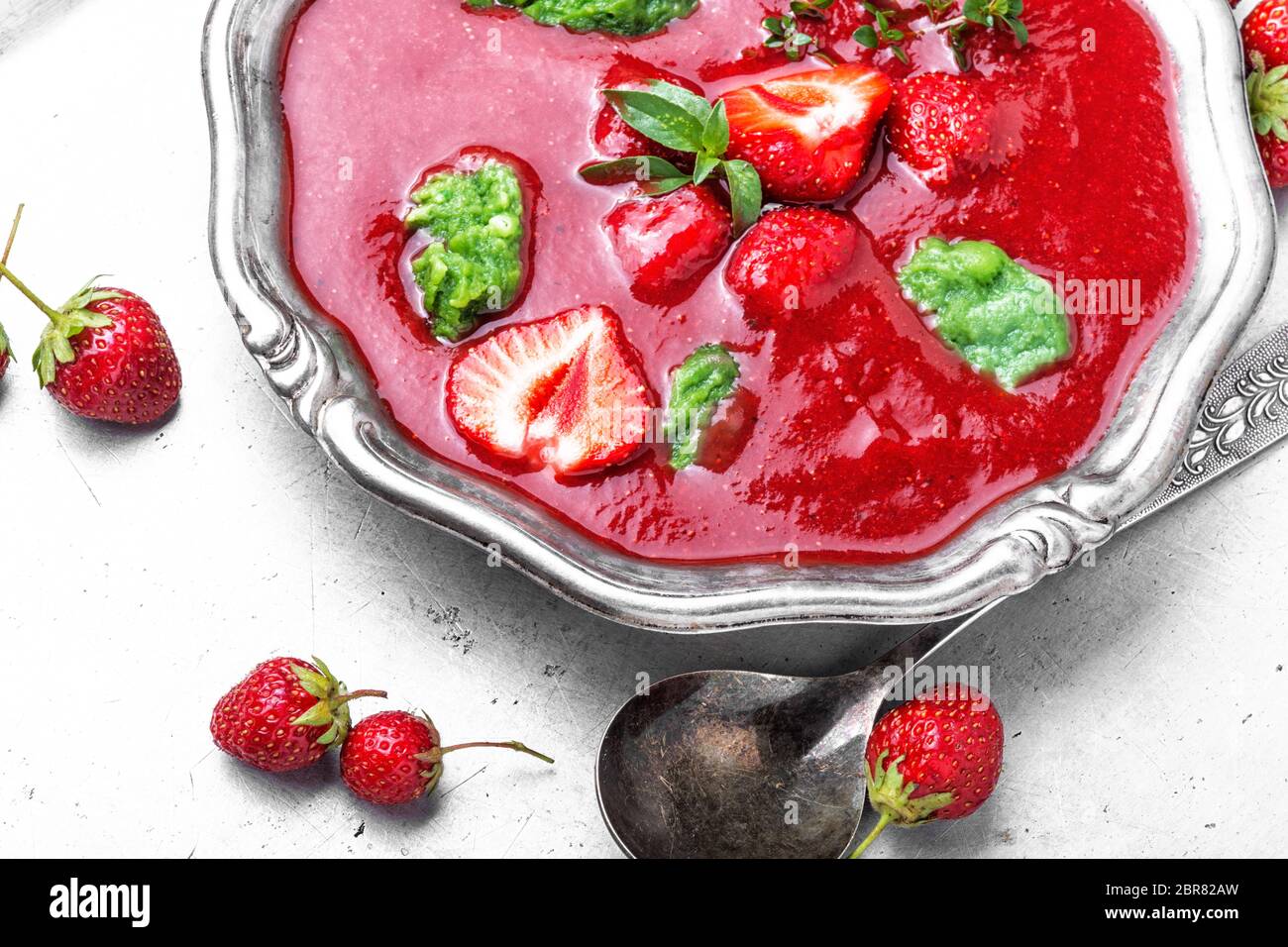 Seasonal summer fruit soup.Soup with strawberries.Cold soup.Fruit soup ...