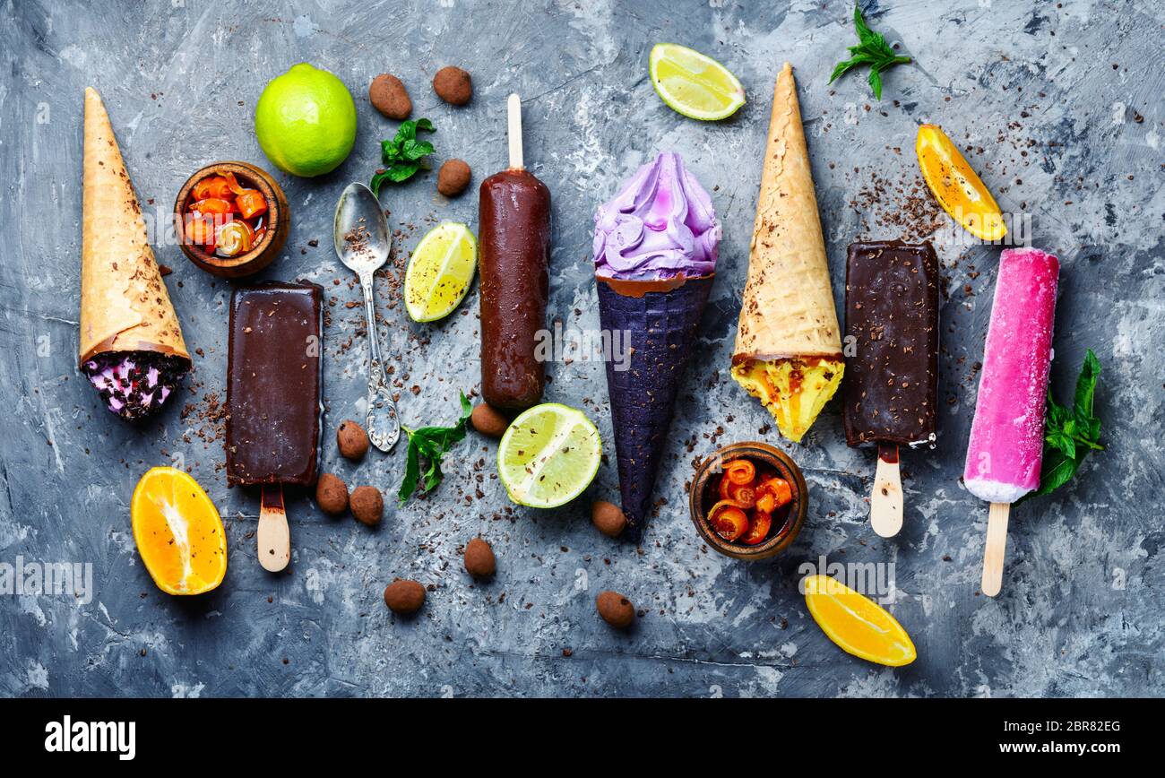 Set of ice cream of different colors and flavours.Assorted ice cream ...