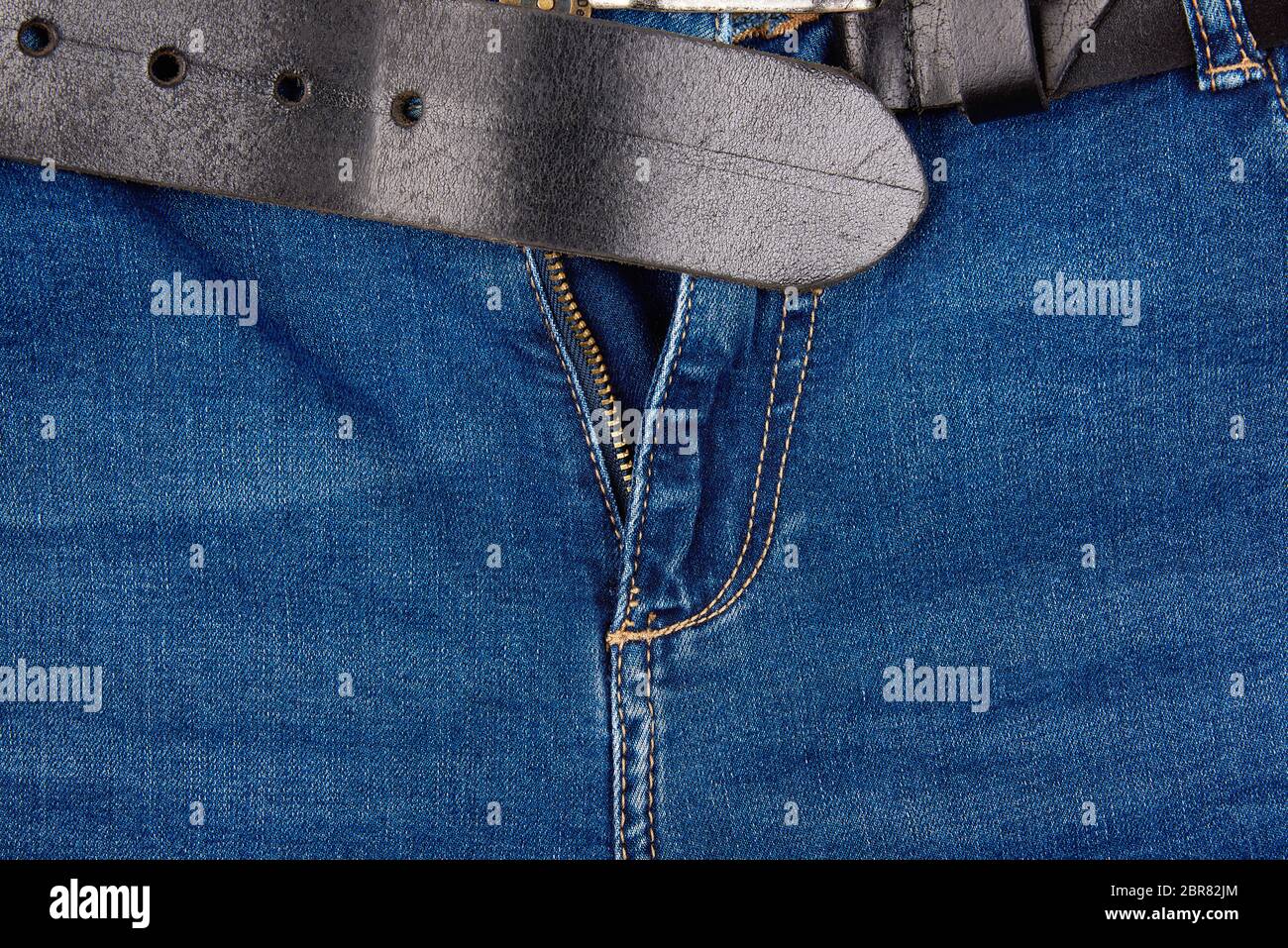 open fly in blue jeans and a black leather belt, full frame Stock Photo ...
