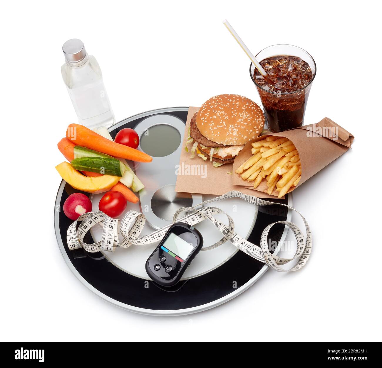 Still life with good and bad food, scales, measuring tape and blood ...