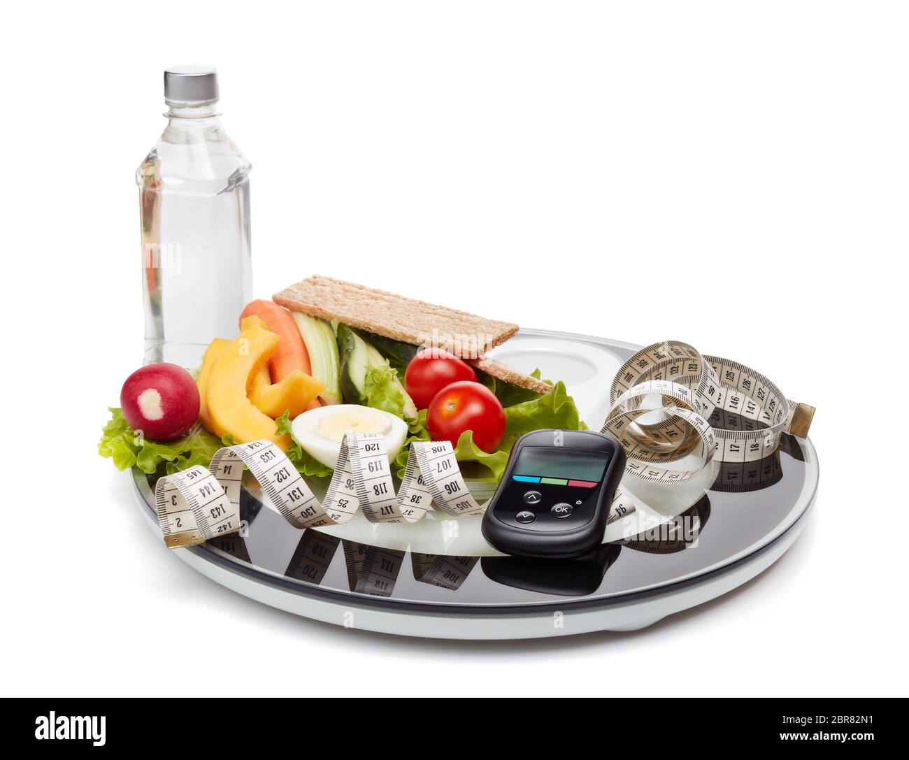 Still life with healthy food, scales, measuring tape and blood glucose ...