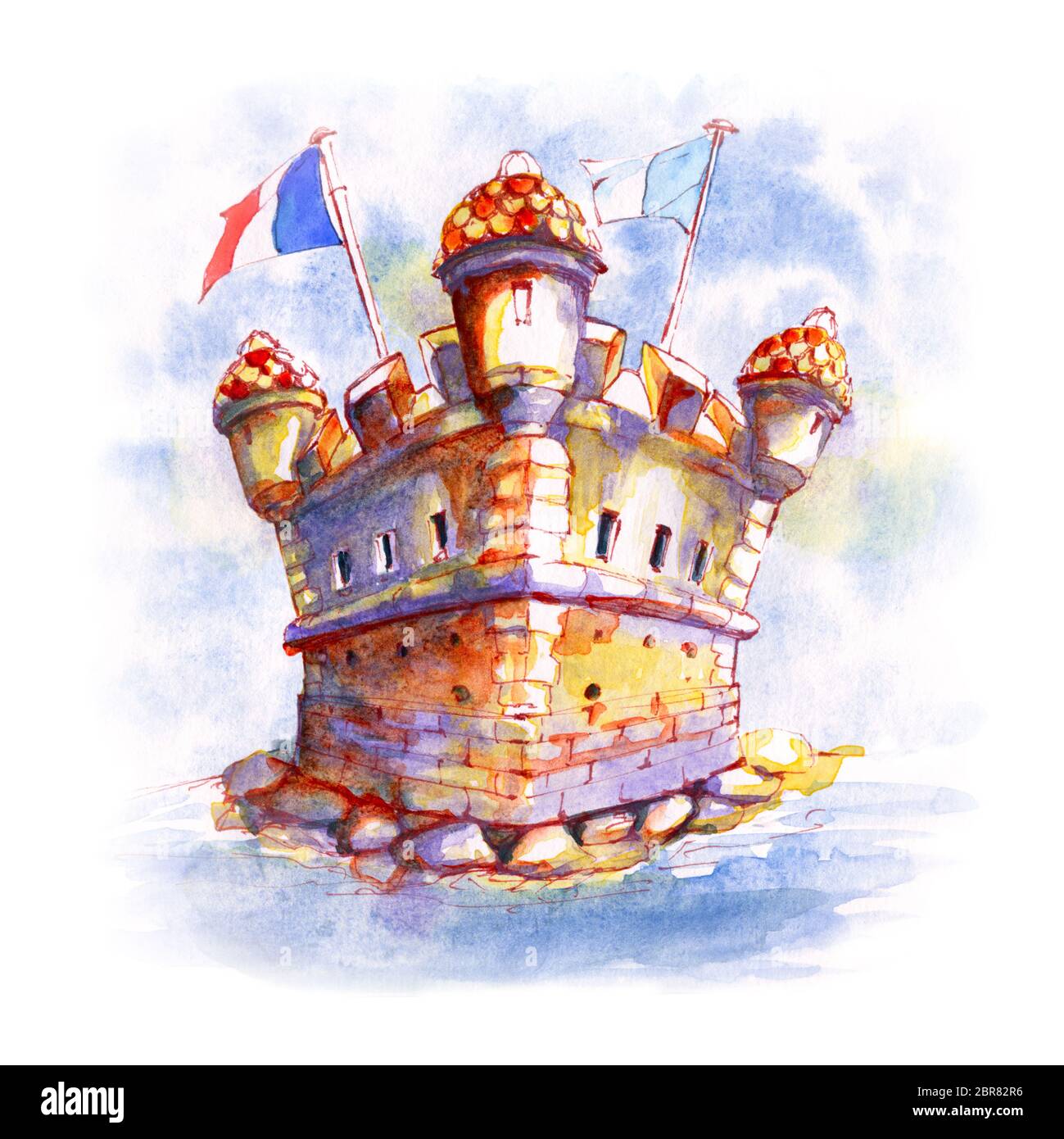 Watercolor sketch of Old bastion fort on the seashore in Menton, perle ...