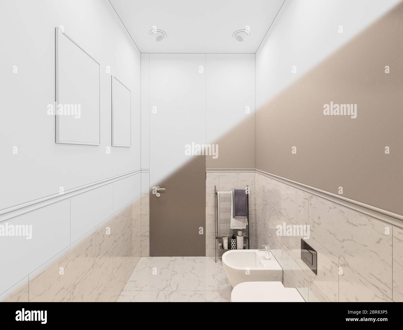 3D render, interior of the toilet in a private cottage. Toilet interior ...