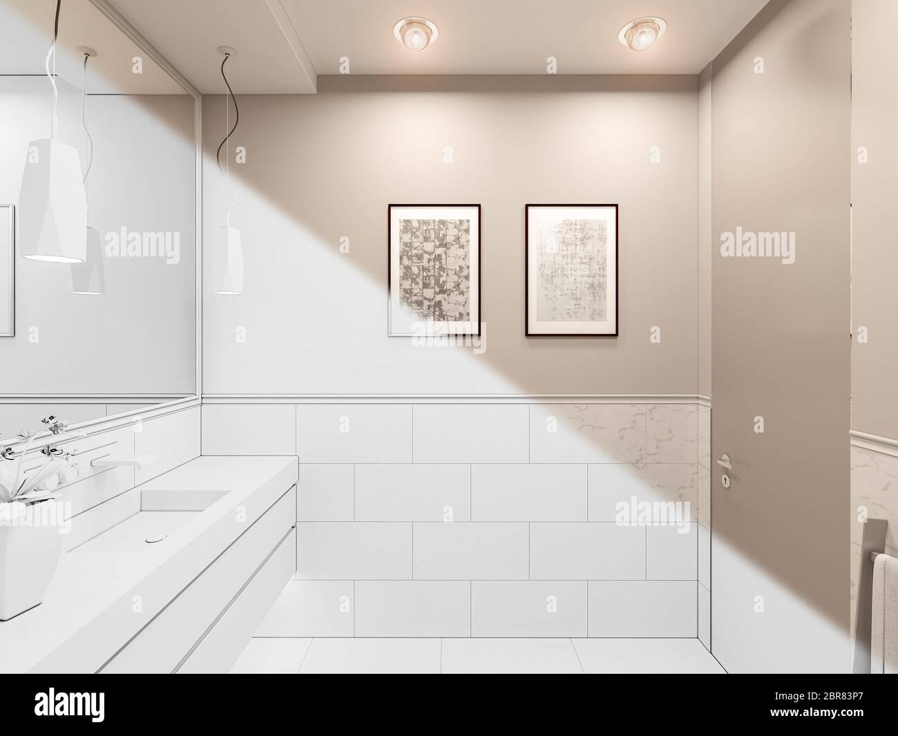 3D render, interior of the toilet in a private cottage. Toilet interior ...