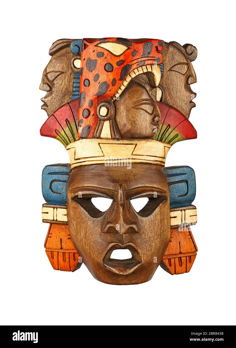 Close up one wooden carved painted traditional Aztec or Mayan Indian ...