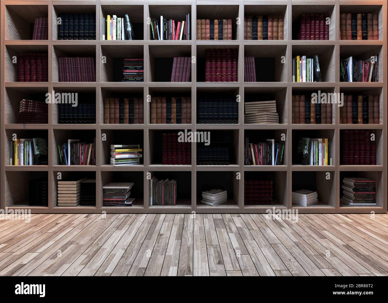 Modern library design, wooden bookshelf with wooden parquet realistic ...