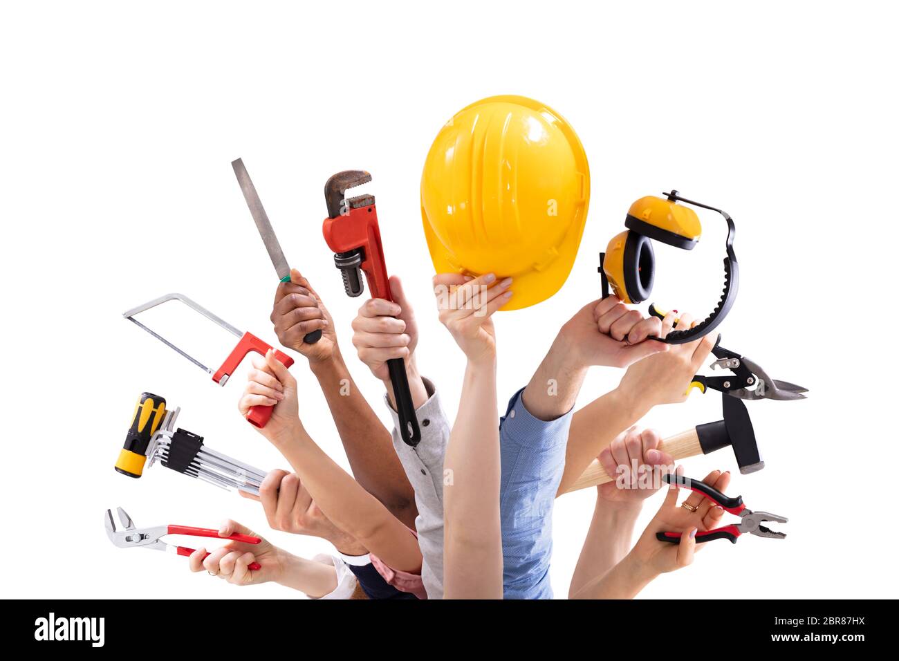 Close-up Of People's Hand Holding Carpentry Tools Against White ...