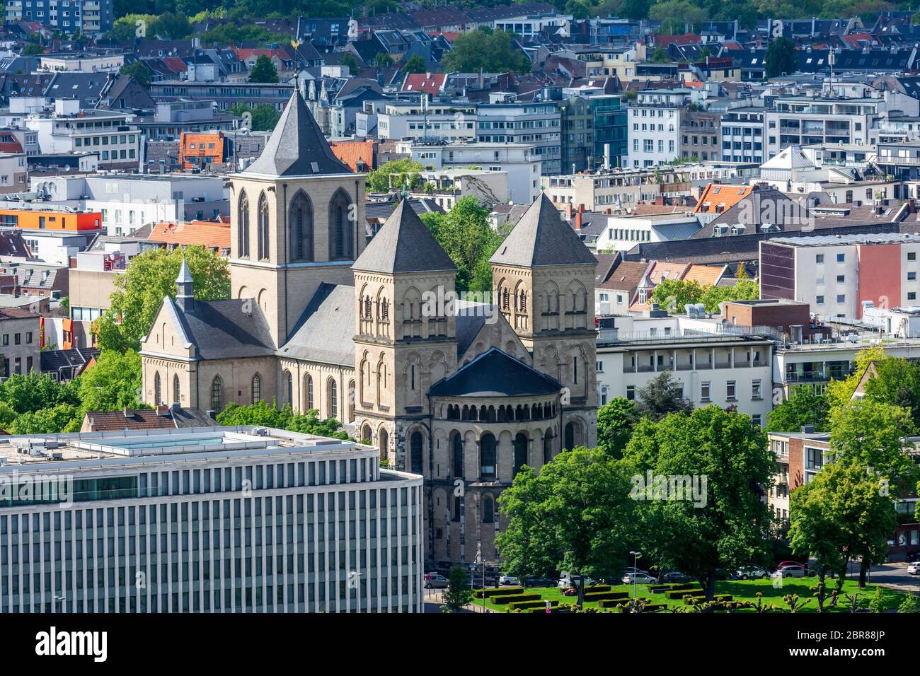 Aerial view over the city of Cologne with view to St. Gereon's Basilica ...